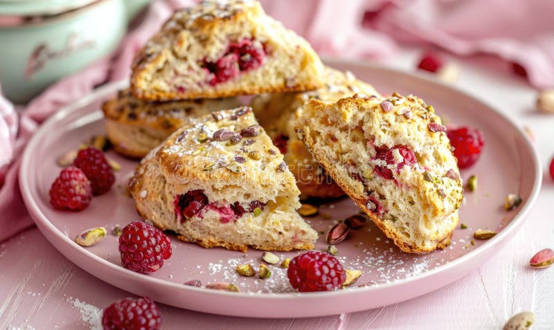 Pistachio and Raspberry Scones on a Pastel Pink Plate Stock Image ...