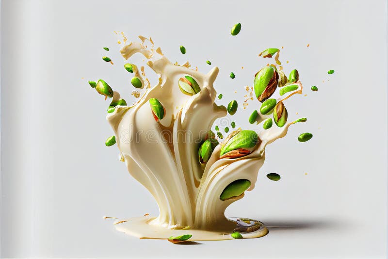 Pistachio Splashing into Milk on White Backdrop AI Generative Stock ...