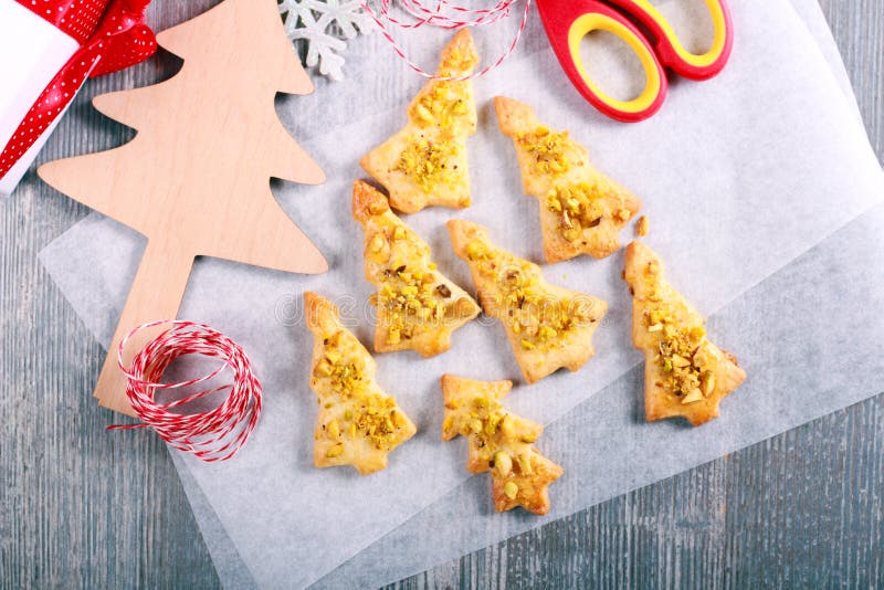 Pistachio Topping Christmas Tree Biscuits Stock Image - Image of ...