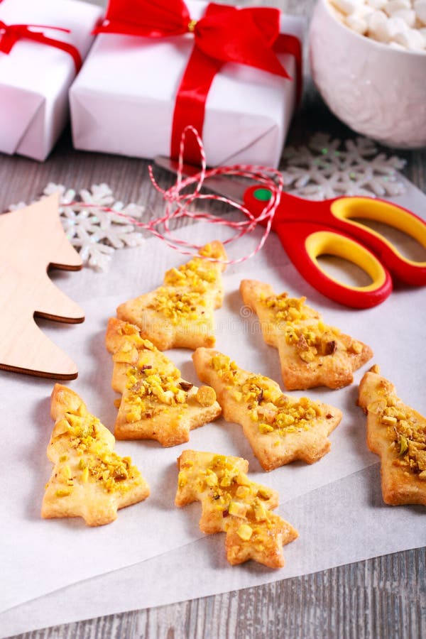 Pistachio Topping Christmas Tree Biscuits Stock Image - Image of snack ...