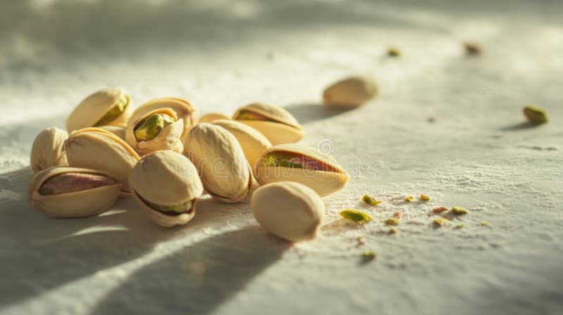 Pistachios Scattered on a Light-colored Surface with Natural Sunlight ...