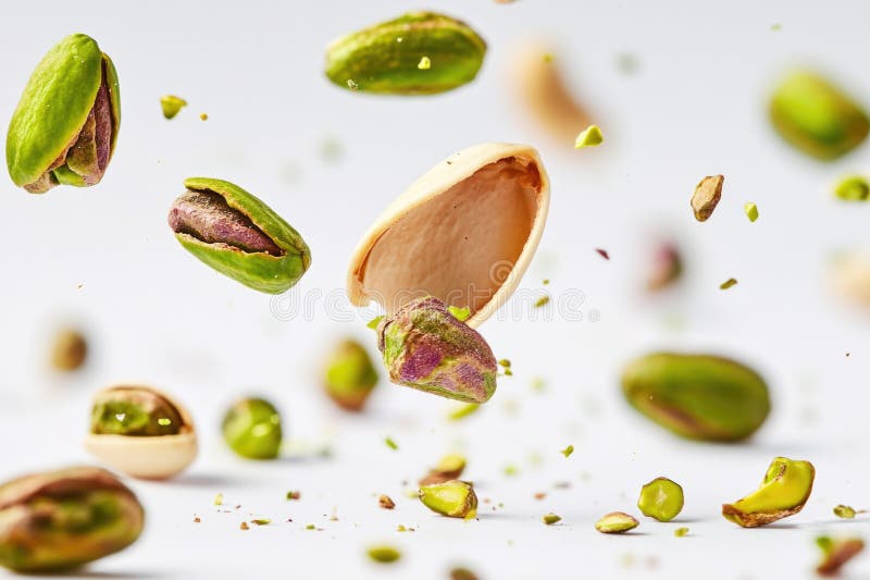 Pistachios Suspended in Mid-air, with a Background of Open Pistachio ...