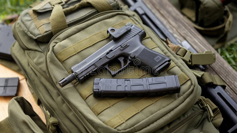 Pistol with Red Dot Sight on Tactical Backpack Stock Illustration ...