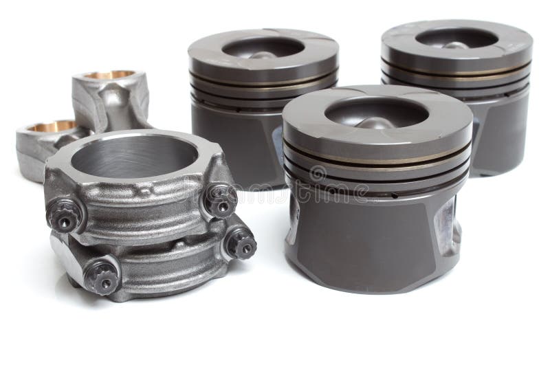 Piston Rod and Two Petrol or Diesel Engine are Isolated on a White ...