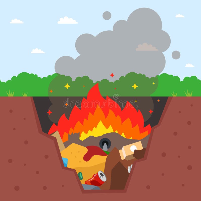 Pit with burning garbage. stock vector. Illustration of nature - 299579328