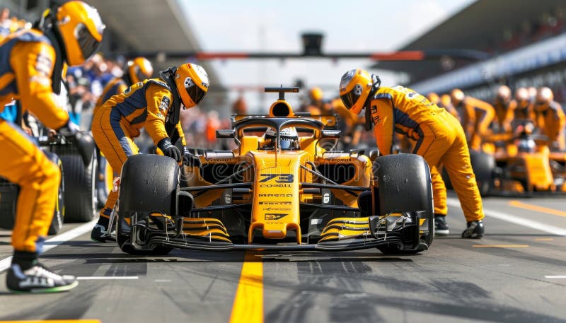 Pit Crew in Action As Race Car Arrives for Pit Stop, Showcasing ...