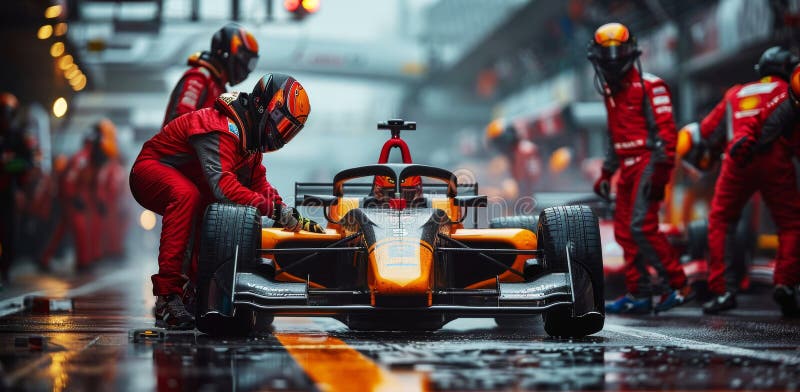 Pit Crew in Action during a Rainy Race Day, Focusing on Precision and ...