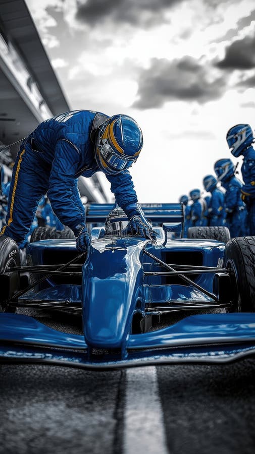 Pit Crew Member Adjusting the Car Setup, the Team Stands by, Poised for ...
