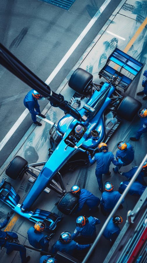 Pit Crew Precision. Team in Blue Suits Works Meticulously on Race Car ...