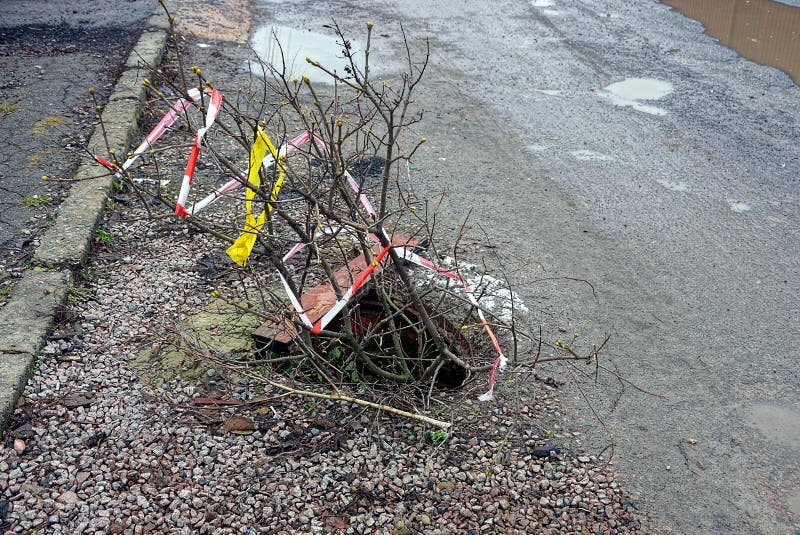 Pit on the Road with Tree Branches Stock Photo - Image of street ...