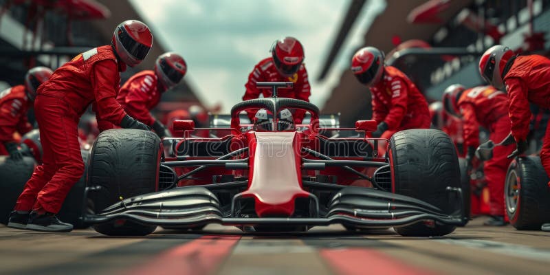 Pit Stop Precision. Crew in Red Suits Performs Fast and Coordinated Pit ...