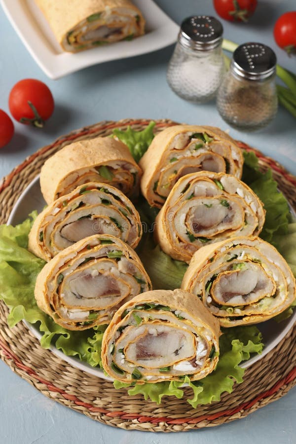 Pita Roll with Herring, Potatoes and Onions on Light Blue Background ...