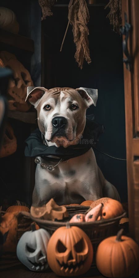 Pitbull in Halloween Costume with Pumpkins. Vertical Poster Stock ...