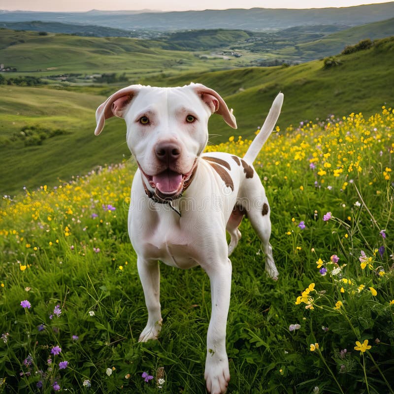 Pitbull Pointer Mixplaying on a Grassy Hillside Dotted with Wildflowers ...