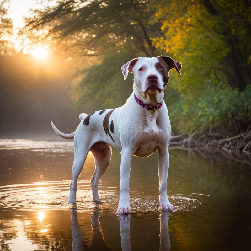Pitbull Pointer Mixstanding on a Riverbank at Sunrise with Mist Rising ...