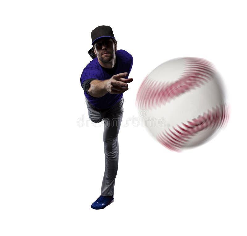 Baseball Pitcher, in Blue Uniform, Preparing To Throw Ball during ...