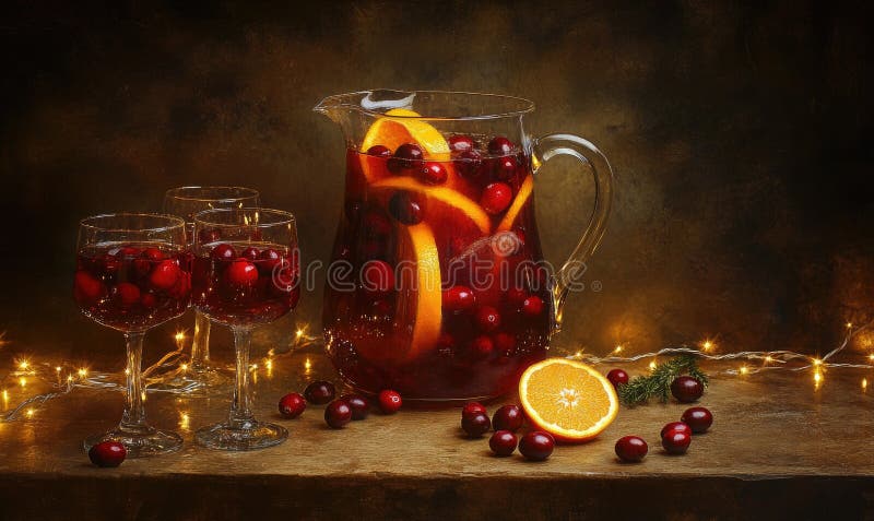 A Pitcher of Cranberry Punch is on a Table with Glasses and an Orange ...