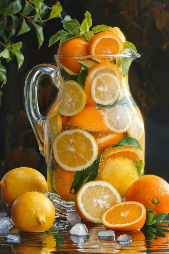 A Pitcher Filled with Oranges and Lemons Sitting on Top of a Table ...
