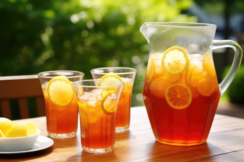 A Pitcher Full of Iced Tea on an Outdoor Table Stock Image - Image of ...