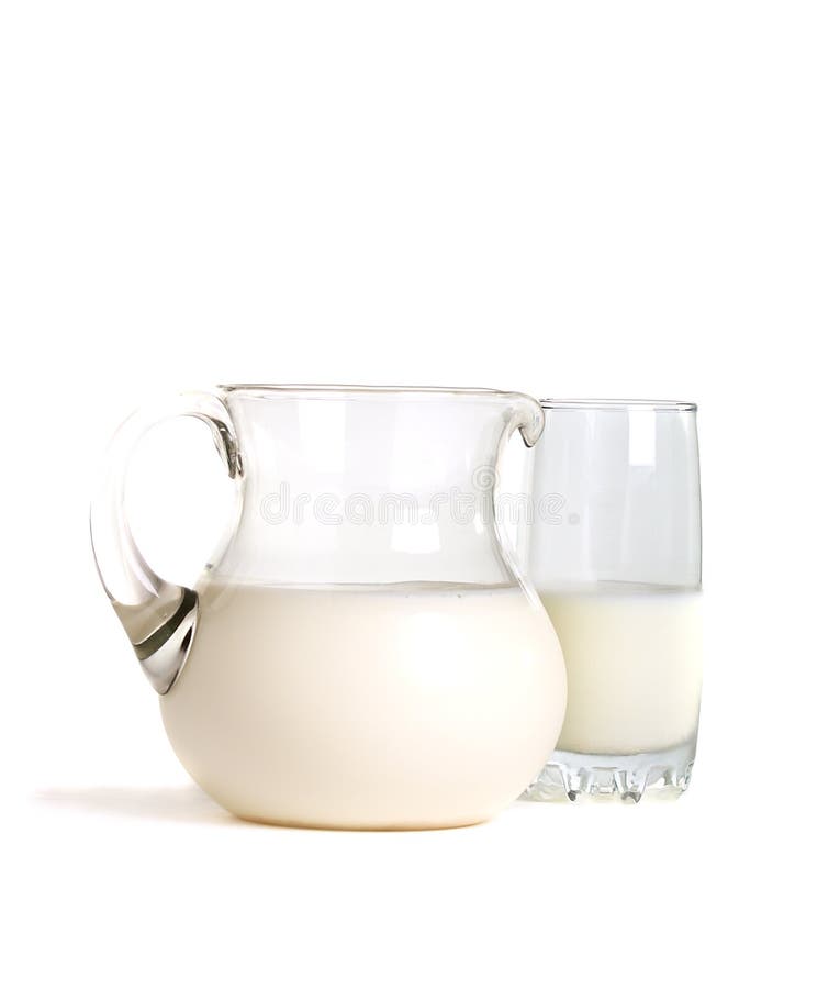Pitcher and Glass of Milk on a White Background. Stock Image - Image of ...