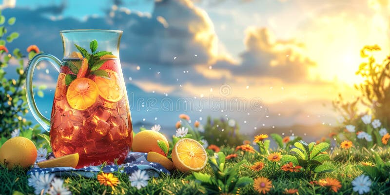 Pitcher of Iced Tea with Lemon and Mint in a Garden Setting, Perfect ...