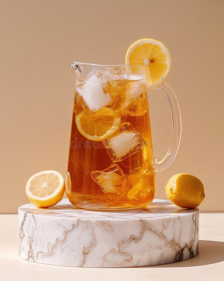 A Pitcher of Iced Tea with Lemon Slices on a Marble Stand, Perfect for ...