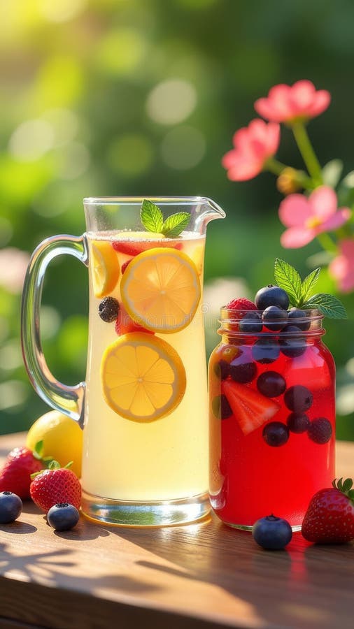 A Pitcher of Lemonade is Poured into Three Different Colored Mason Jars ...