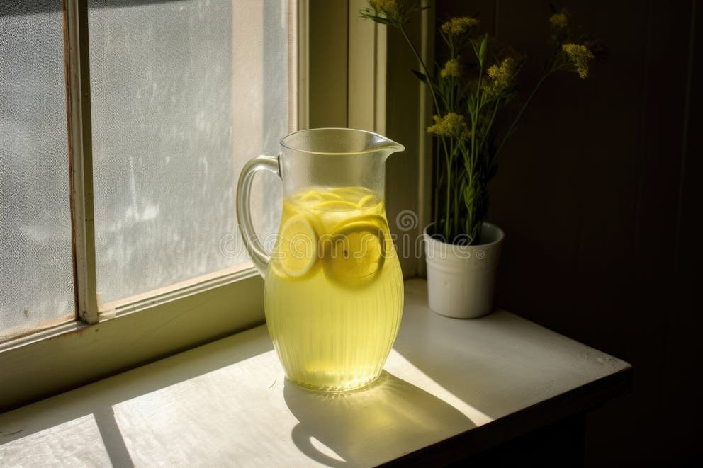 Pitcher of Lemonade by a Window, Leaves Casting Shadows on it Stock ...