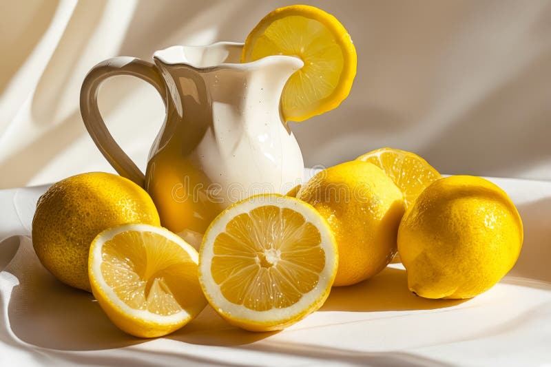A Pitcher of Lemons and Sliced Lemons on a White Cloth. Generative AI ...