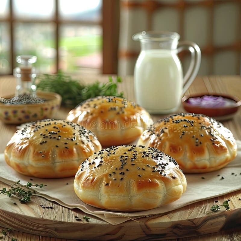 A Pitcher of Milk is Placed on a Table Alongside a Cluster of Bread ...