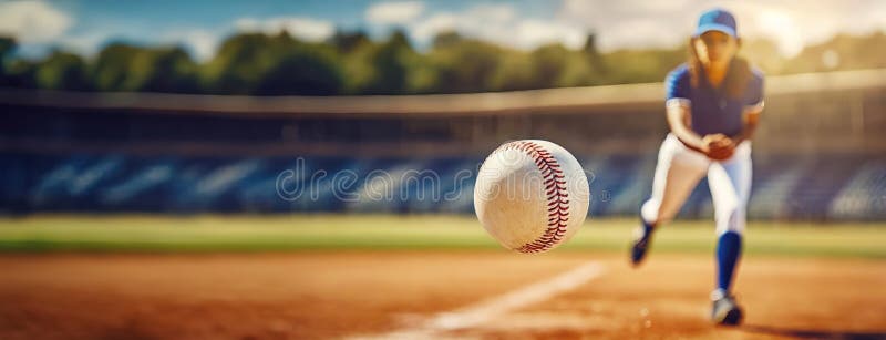 Pitcher in Motion, Baseball in Flight Towards the Batter. the Focus is ...