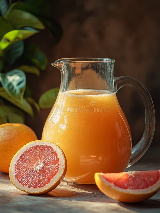 Pitcher of Orange Juice with Grapefruit Slices on a Table. Stock Image ...