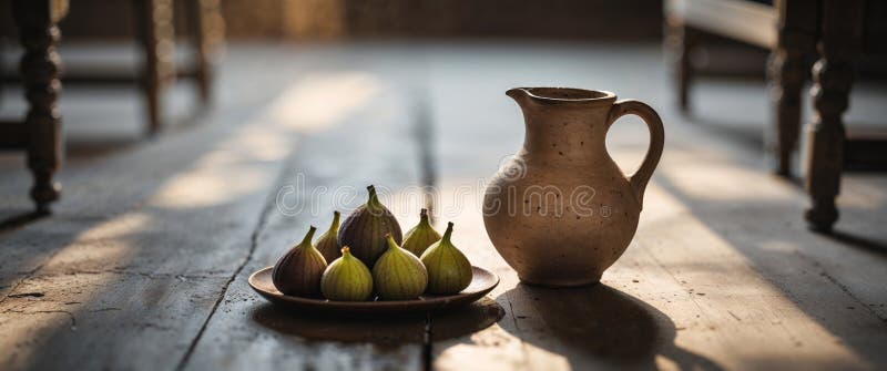 A Pitcher and a Plate of Figs on a Table. Stock Photo - Image of plate ...