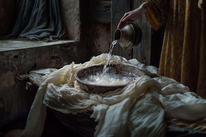 Pitcher Pouring Water into Basin with Linen Cloth Stock Image - Image ...