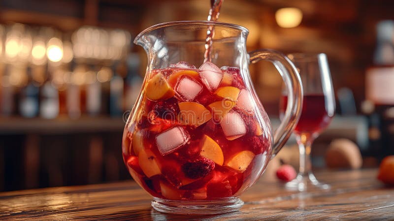 Pitcher of Sangria with Ice and Fruit on Bar Counter. Stock Image ...