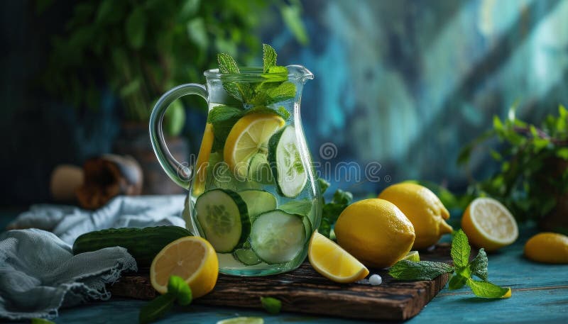 A Pitcher of Water with Lemons, Mint and Cucumber Stock Photo - Image ...