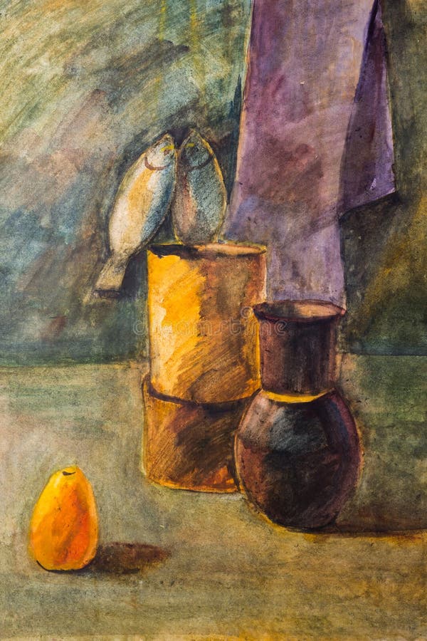Pitchers, Pear and a Bunch of Fish Painted with a Brush Stock ...