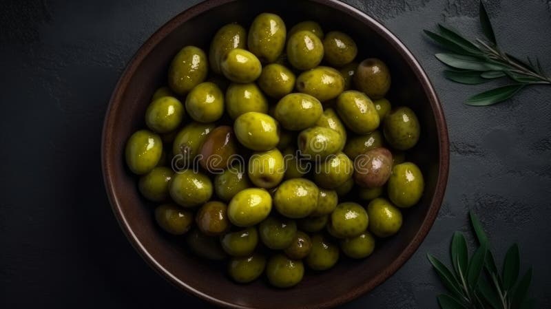 Pitted Green Olives in a Bowl Top View. Generative AI Stock ...