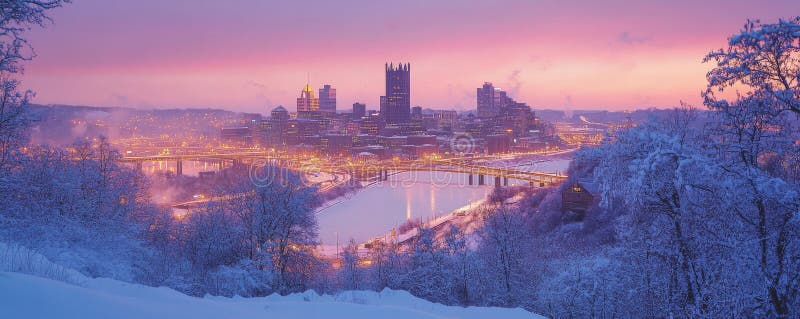 Pittsburgh Winter Sunrise Cityscape, Snow, Twilight Stock Illustration ...