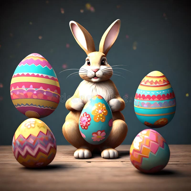 Pixar Art Style 3D Render: Adorable Fluffy Easter Bunny Surrounded by ...