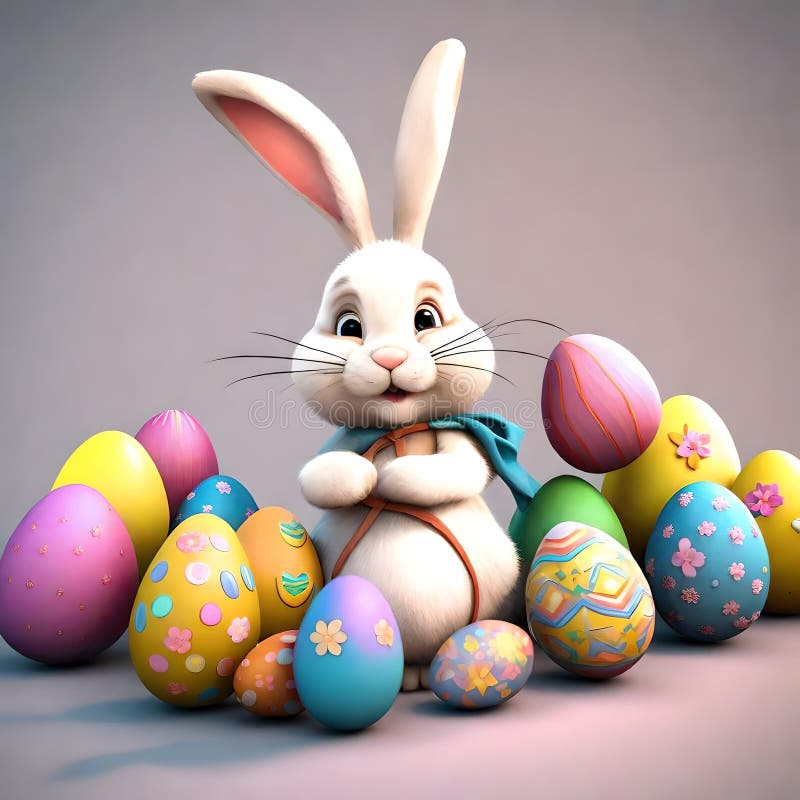 Pixar Art Style 3D Rendered Easter Bunny Surrounded by Vibrant Easter ...