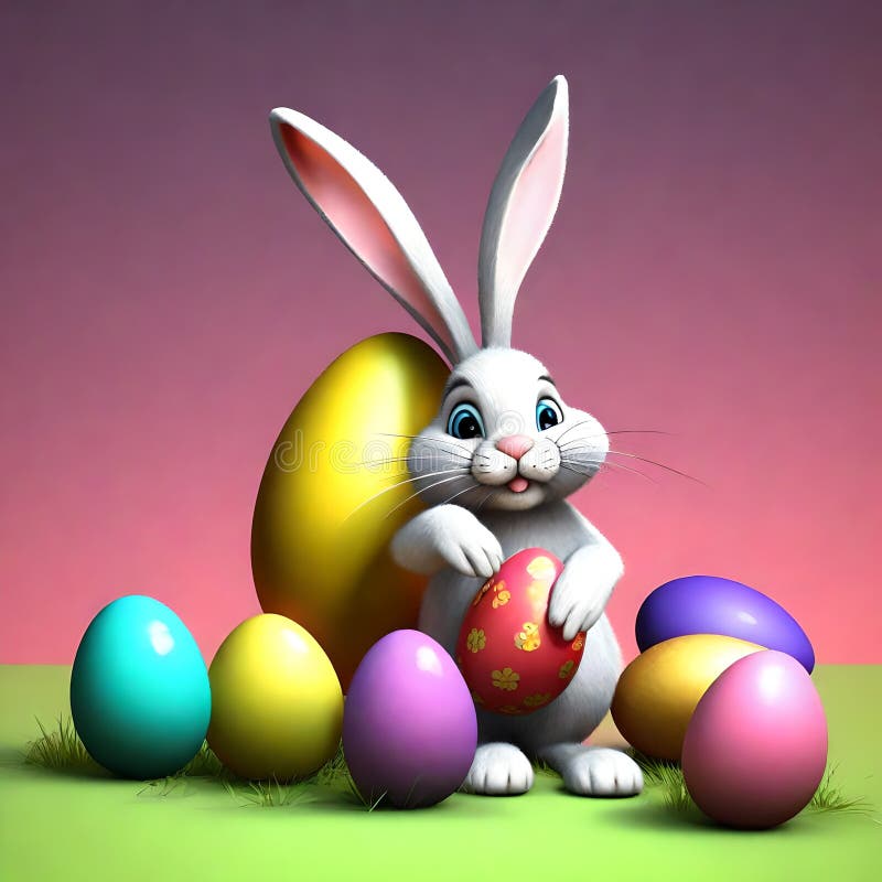 Pixar Art Style 3D Rendered Easter Bunny Surrounded by Vibrant Easter ...