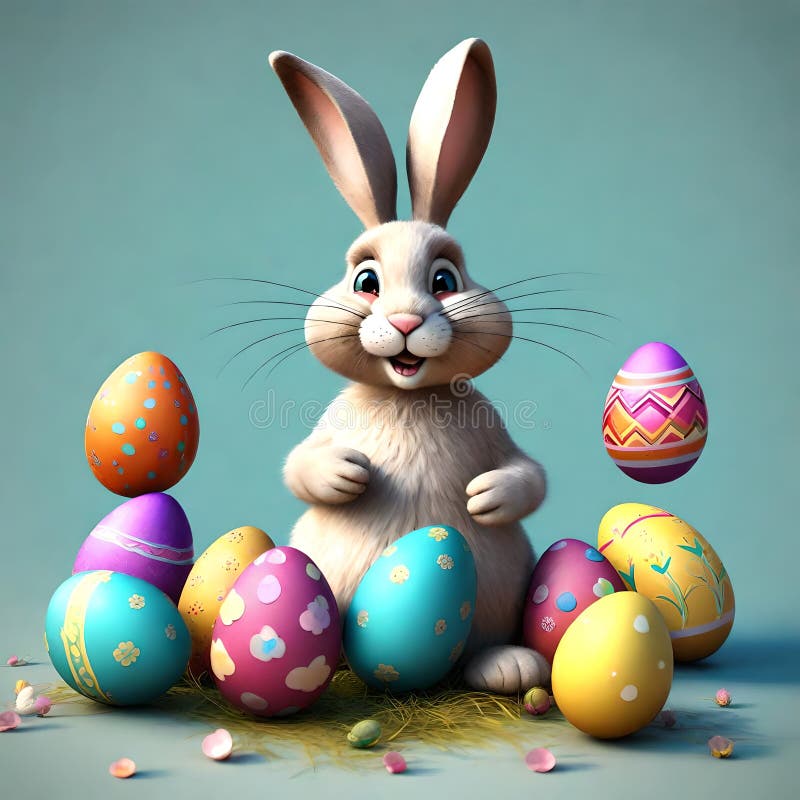 Pixar Art Style 3D Rendered Easter Bunny Surrounded by Vibrant Easter ...