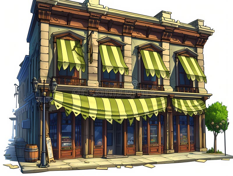 Pixar Like Outside Cartoon Restaurant - a Building with Awnings and ...
