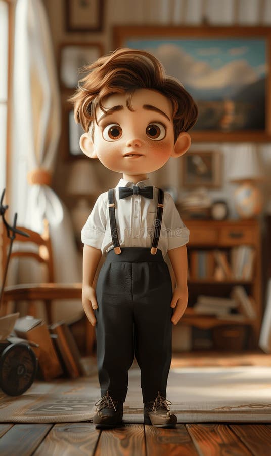 Pixar Style Cartoon Boy in Bow Tie and Suspenders - High Resolution 3D ...