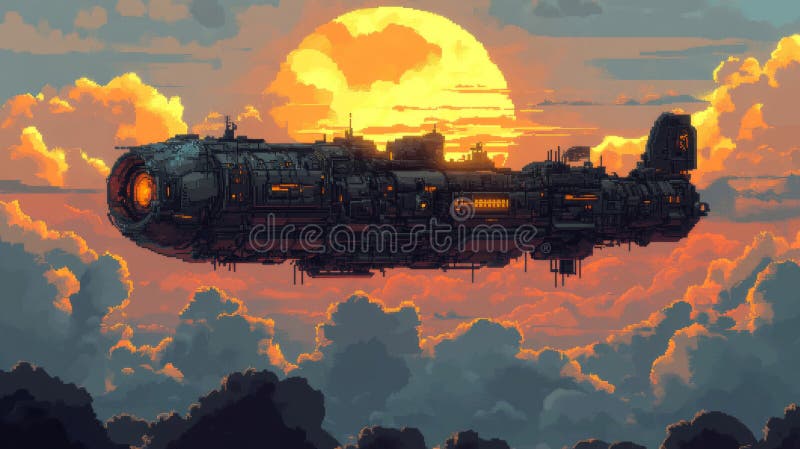 Pixel Art Airship Flying through Clouds at Sunset with Orange Sky and ...