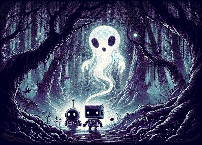 Pixel Art of Alien, Ghost, and Robots in Forest Stock Illustration ...
