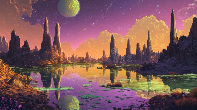 Pixel Art Alien Landscape Sunset Reflection Stock Illustration ...