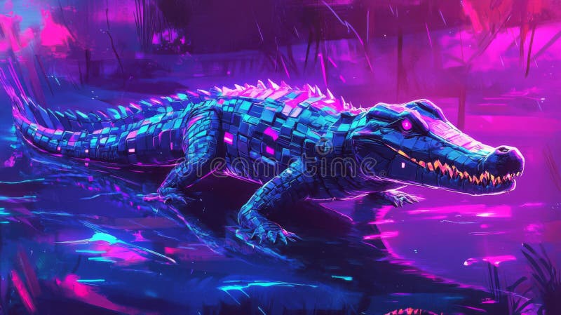 Pixel Art Alligator in Neon Swamp at Night Stock Illustration ...