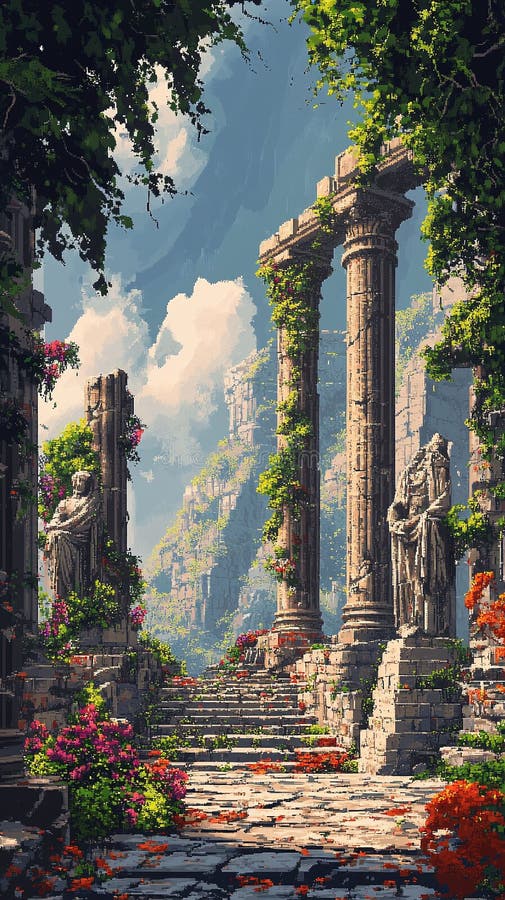 Pixel Art Ancient Ruins Set with Pillars Statues and Overgrown Plants ...